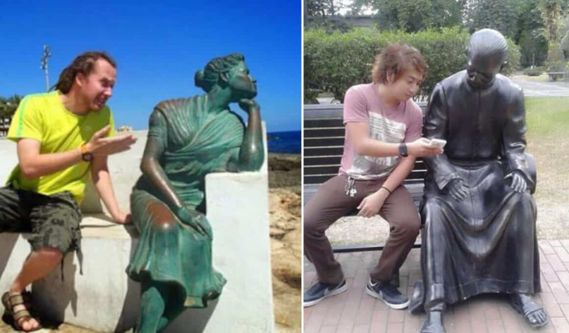 16 foto esilaranti e intelligenti di persone in posa con statue